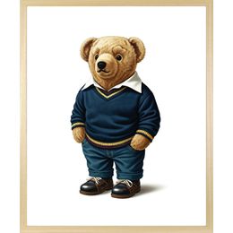 Bild mit Rahmen queence, B:50cm H:70cm T:1,5cm, wei&szlig;, Acrylglas, Holzrahmen, Wohnzimmer, Bilder, "Vintage Polo Teddy B&auml;r in Pullover und Hemd", HD