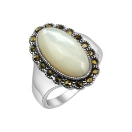 ZEEme Damen Fingerring "Silber 925 oxydiert mit wei&szlig;em Perlmutt und 18 Markasit-Steinen", 058 (18,5), Silber 925 (Sterlingsilber), schwarz, Silber