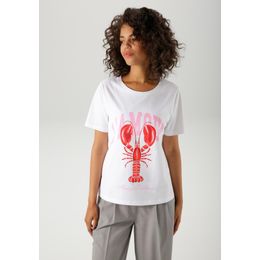 Aniston CASUAL Damen T-Shirt, wei&szlig;, Gr. 44, bedruckt, Single Jersey, Obermaterial: 100% Baumwolle, Shirts, mit Krebs und Schriftz&uuml;gen bedruckt