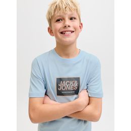 Jack & Jones T-Shirt JACK & JONES JUNIOR "JJRAIN TEE SS CREW NECK JNR", Jungen, Gr. 128, celestial blau, Single Jersey, Obermaterial: 100% Baumwolle, bedruckt, unifarben, regular fit normal, Rundhals, Shirts T-Shirt, mit Logoprint
