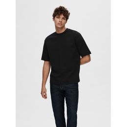 Selected Herren Rundhalsshirt "SLHLOOSEOSCAR SS O-NECK TEE NOOS", schwarz, Gr. M, unifarben, Jersey, Obermaterial: 44% Baumwolle, 35% Polyester, 21%