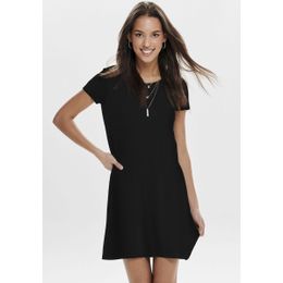 Minikleid Only "ONLBERA BACK LACE UP S/S DRESS JRS NOOS", Damen, Gr. S, N-Gr, schwarz, Jersey, Obermaterial: 95% Viskose, 5% Elasthan, unifarben, regular fit kurz, Rundhals, Kleider Minikleid, Viskosemischung, regular fit, Rundhals