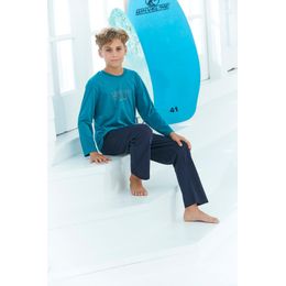 Le Jogger Jungen Pyjama "mit Streifen und Print", Gr. 146, bunt, Jersey, Obermaterial: 100% Baumwolle, bedruckt, gestreift, Basic, Homewear-Sets, in