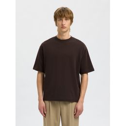Selected Herren Rundhalsshirt "SLHLOOSEOSCAR SS O-NECK TEE NOOS", braun, Gr. XL, unifarben, Jersey, Obermaterial: 44% Baumwolle, 35% Polyester, 21%