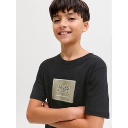 Jack & Jones T-Shirt JACK & JONES JUNIOR "JJRAIN TEE SS CREW NECK JNR", Jungen, Gr. 128, schwarz, Single Jersey, Obermaterial: 100% Baumwolle, bedruckt, unifarben, regular fit normal, Rundhals, Shirts T-Shirt, mit Logoprint
