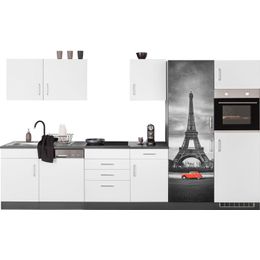 K&uuml;chenzeile KOCHSTATION "KS-Paris &ndash; K&uuml;chen mit einzigartigen Fotomotiven auf den Fronten", wei&szlig; (k&uuml;che: wei&szlig;, front: wei&szlig;, korpus: grafit, arbeitsplatte: anthrazit), B:340cm H:200cm T:60cm, Komplettk&uuml;chen-Sets, K&uuml;chenzeile, Breite 340 cm, wahlweise mit E-Ger&auml;ten und Induktion