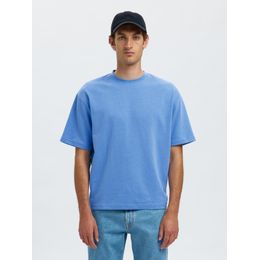 Rundhalsshirt Selected "SLHLOOSEOSCAR SS O-NECK TEE NOOS", Herren, Gr. M, blau (blau bonnet), Jersey, Obermaterial: 44% Baumwolle, 35% Polyester, 21% Elastomultiester, unifarben, loose fit normal, Rundhals, Shirts Rundhalsshirt