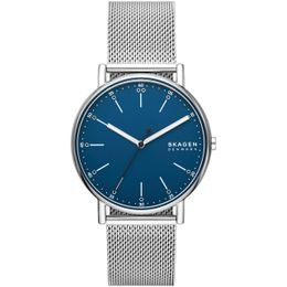 Quarzuhr Skagen "SIGNATUR", silber (silberfarben, blau), Armbanduhren, Damen, Quarzuhr, Armbanduhr, Herrenuhr, Damenuhr, analog, Edelstahlarmband