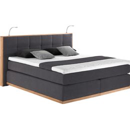 Boxspringbett Home Affaire "Vinton", grau (anthrazit), B:220cm L:213cm, Komplettbetten, Boxspringbett, aus Eiche, mit LED-Beleuchtung, verschiedene H&auml;rtegrade (auch H4)