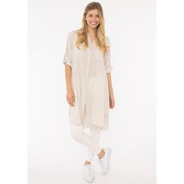 Longbluse Zwillingsherz ""Kida"", Damen, beige (hellbeige), Web, Obermaterial: 100% Baumwolle, gestreift, comfort fit lang, V-Ausschnitt, Krempel&auml;rmel 1-Knopf-Manschette, Blusen Longbluse, One Size, Streifen, Knopfleiste, Brusttaschen, 3/4-Arm
