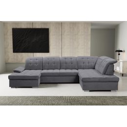 Wohnlandschaft WERK2 "Kordula-New Multifunktion Couch, Breite 332cm, bequem, U-Form", grau, B:332cm H:105cm T:217cm, 95% Polyester, 5% Nylon, Sofas, Wohnlandschaft, Sofa in U-Form mit Schlaffunktion & Bettkasten, Schlafcouch