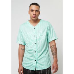 T-Shirt Karl Kani "Karl Kani Star Logo Pinstripe Baseball Shirt", Damen, Gr. S, blau, 100% Polyester, bedruckt, loose fit, V-Ausschnitt, Shirts T-Shirt
