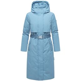 Wintermantel Navahoo "Waldbummler 14", Damen, Gr. XXL (44), hellblau, Obermaterial: 100% Polyester; Innenfutter: 100% Polyester; Wattierung: 100% Polyester; &Auml;rmelfutter: 100% Polyester, tailliert knielang, hoch geschlossener Ausschnitt, &Auml;rmel ohne &Auml;rmelschlitz Rippstrickb&uuml;ndchen, M&auml;ntel Wintermantel, Wasserabweisender Winterparka mit Kapuze und Tailleng&uuml;rtel