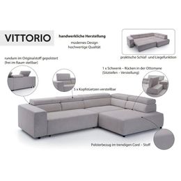 exxpo - sofa fashion Ecksofa &raquo;VITTORIO mit Komfortfunktionen, bequem und modern, Cord, L-Form&laquo; inkl. Kopfteil- und Sitztiefenverstellung, wahlweise 