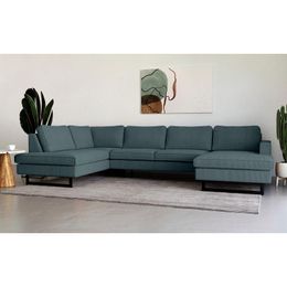 Home Affaire Wohnlandschaft &raquo;Pinto, 350 cm, U-Form, XXL, mit Ottomanen&laquo; Cord, Chenille, Lederoptik, mit Keder, Metallf&uuml;&szlig;e, Wellenunterfederung blau 92