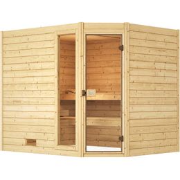 Weka Sauna &raquo;Massivholzsauna VALIDA Eck 3&laquo; Blockbohlen, Fensterlement, moderne Ganzglast&uuml;r beige