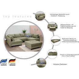Collection AB Wohnlandschaft &raquo;Toni U-Form, B: 298 cm&laquo; mit Hocker & 3 Zierkissen, Federkern beige 100%Polyester