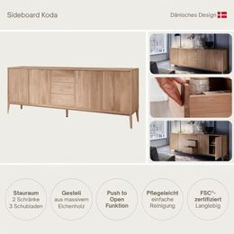 Home Affaire Sideboard &raquo;Koda, Anrichte mit 2 Schr&auml;nken & 3 Schubladen, Push-to-Open-Funktion&laquo; Massives Eichenholz, verstellbare Einlegeb&ouml;den, 