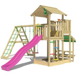 Jungle Gym Spielturm &raquo;Veranda&laquo; Spielanlage mit Schaukel, Kletterbock und Rutsche mit Wasseranschluss pink Holzwerkstoff