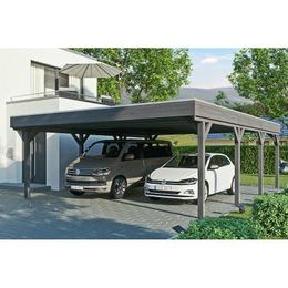 Skan Holz Doppelcarport &raquo;Grunewald&laquo; Leimholz dunkelgrau mit Aluminiumdach grau