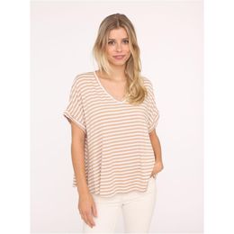 Zwillingsherz Damen T-Shirt &raquo;"Maritime Streifen"&laquo; One Size, Kurzarm, V-Ausschnitt, gestreift, Loose Fit beige Einheitsgr&ouml;&szlig;e