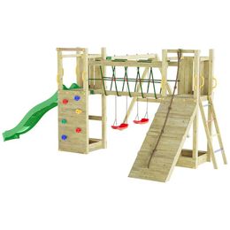 Fungoo Spielturm &raquo;Maxi Funny Exposure&laquo; Schaukel, Rutsche mit Wasseranschluss, Sandkasten, Br&uuml;ckenverbindung gr&uuml;n Holz, Metall, Polyethylen