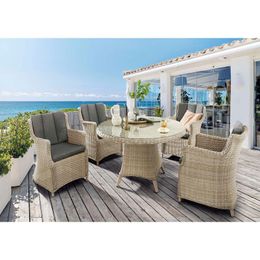 Destiny Garten-Essgruppe &raquo;LUNA&laquo; Set, 4 Sessel, Tisch &Oslash; 100x75cm, Auflagen, 13 Stk. tlg. Aluminium, Polyrattan beige Aluminium, Polyester, Polyrattan