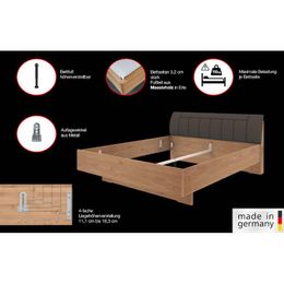 Wiemann Holzbett &raquo;Cardiff, Bettgestell, Bettrahmen, teilmassiv, mit Polsterkopfteil&laquo; Belastbarkeit 110/220 Kg, 4-fache h&ouml;henverstellbar, MADE IN 