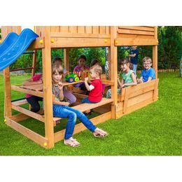 Fungoo Spielturm &raquo;My HOUSE Free Time Beach&laquo; mit Schaukel & Rutsche, Spielhaus, Sandkasten, Picknick-Tisch braun Holz, Metall, Polyethylen