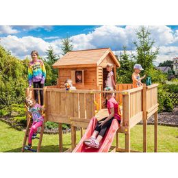 Fungoo Spielturm &raquo;MAXI SET JOYFUL CASTEL&laquo; mit Schaukel & Rutsche, Klettererweiterung, Spielhaus, Sandkasten rot Holz, Metall, Polyethylen