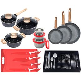 King Topf-Set &raquo;&raquo;ESSENTIAL&laquo; Aluminium, Induktion, Antihaftbeschichtung&laquo; Set, 2 T&ouml;pfe, 1 Stieltopf, 3 Glasdeckel, 1 Besteck-Set + Etui, 51 Stk. tlg. 
