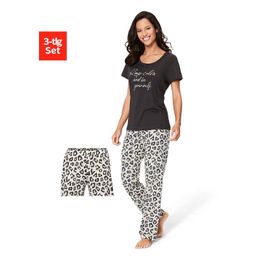 Vivance Dreams Damen Pyjama Packung, 3 teilig, 3 mit Leo-Print grau 32/34