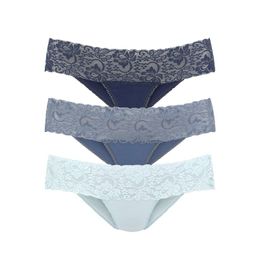 Vivance Damen Brasilslip 3er-Pack, aus elastischer Baumwolle mit floraler Spitze blau 32/34