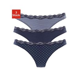 Lascana Damen Lascana String 3er-Pack, aus elastischer Baumwolle mit zarter Spitze blau 32/34