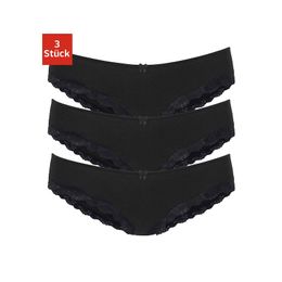 Lascana Damen Lascana Slip 3er-Pack, aus elastischer Baumwolle mit zarter Spitze schwarz 32/34