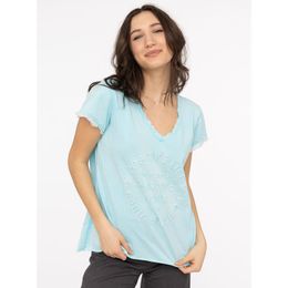 Zwillingsherz Damen T-Shirt &raquo;"Positive Mind"&laquo; V-Ausschnitt, Kurzarm, Used-Look, Baumwolle, ausgefranste Kanten L/XL