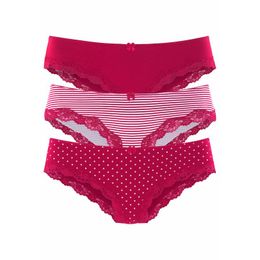 Lascana Damen Lascana Slip 3er-Pack, aus elastischer Baumwolle mit zarter Spitze rot 32/34
