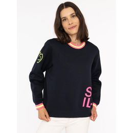 Zwillingsherz Damen Sweatshirt &raquo;"Alissa"&laquo;, mit SMILE PRINT, Kontrastb&uuml;ndchen, gesticktem Herz am Arm blau L/XL