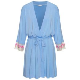 Lascana Damen Lascana Kimono mit sch&ouml;nen Spitzeneins&auml;tzen blau 36/38