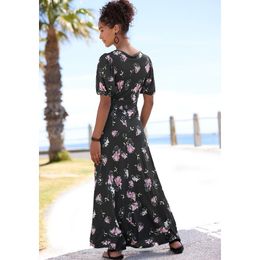 Vivance Damen Maxikleid mit Blumendruck und leichten Puff&auml;rmeln, Sommerkleid, casual schwarz 34, N-Gr
