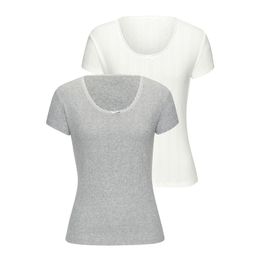 Vivance Damen T-Shirt 2er-Pack, aus feiner Pointelle-Ware mit Spitze, reine Baumwolle 32/34