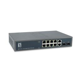 Levelone Switch 12 Gigabit Ethernet-Ports mit 8 PoE-Ports 150W, 2 Gigabit-Ports, 2 Gigabit SFP (GEP-1221)