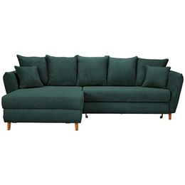CARRYHOME Ecksofa, Dunkelgr&uuml;n, Textil, Eiche, massiv, 3-Sitzer, F&uuml;llung: Schaumstoff, Ottomane links, seitenverkehrt montierbar, L-Form, 284x162 cm, Made in EU, Liegefunktion, R&uuml;cken echt, Wohnzimmer, Sofas & Couches, Wohnlandschaften, Ecksofas