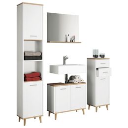 Mid.you Badezimmer VCM Landos, Wei&szlig;, Honigeiche, Holzwerkstoff, 124 cm, stehend, Spiegel mit Ablage, Badezimmer, Badm&ouml;belsets & Badm&ouml;belserien, Badm&ouml;bel-Sets