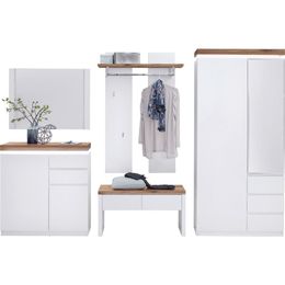 Novel Garderobe Romina, Wei&szlig;, Eiche, Holz, Glas, Holzwerkstoff, 5-teilig, Eiche, massiv, 285x198x38 cm, Garderobe, Garderoben-Sets & Serien, Garderoben-Sets