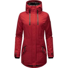 Wintermantel Navahoo "Avrille II", Damen, Gr. XS (34), rot (blutrot), Oberstoff: 70% Baumwolle, 30% Polyester; Futter: 100% Polyester; Wattierung: 100% Polyester; &Auml;rmelfutter: 100% Polyester, tailliert ca. Mitte Oberschenkel, eng Rippstrickb&uuml;ndchen mit Druckknopf, M&auml;ntel Wintermantel, sportlicher Damen Winter Kurzmantel mit gro&szlig;er Kapuze