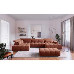 Wohnlandschaft COTTA, B:409cm H:73cm T:225cmcinnamon, 100% Polyester, Sofas, "Orion U-Form", mit Kopfteilverstellung & 6 Nierenkissen