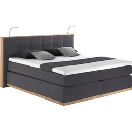 Boxspringbett Home Affaire, B:220cm L:213cm, grau, Polyester, Komplettbetten, "Vinton", aus Eiche, mit LED-Beleuchtung, verschiedene H&auml;rtegrade (auch