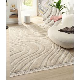 Teppich, B:60cm H:20mm L:90cmbeige, HOMSY BY ANA JOHNSON, Kunstfaser, Wohnzimmer, Teppiche, "Waavy mit Fransen, Wellen Design", Boho, 3D Optik,