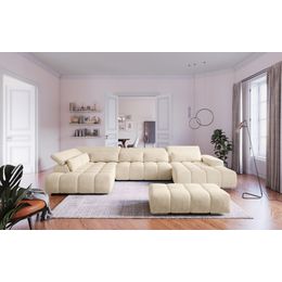 Wohnlandschaft COTTA, B:409cm H:73cm T:225cmivory, 100% Polyester, Sofas, "Orion U-Form", mit Kopfteilverstellung & 6 Nierenkissen
